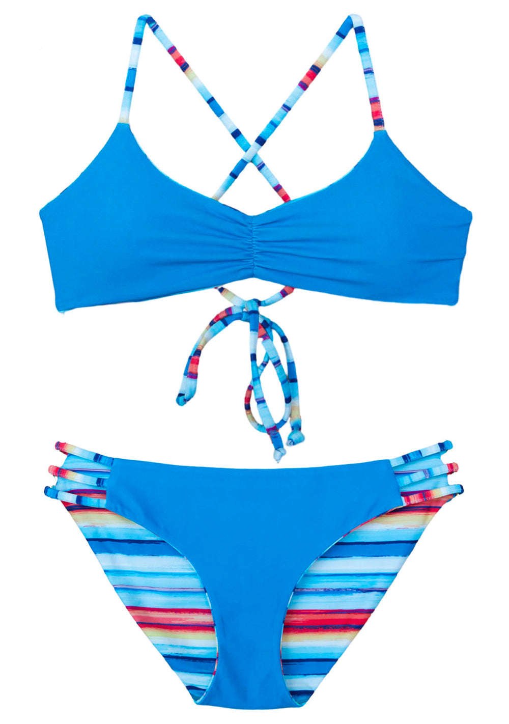 Trendy two-piece Teenager Girls swimsuit colorful blue stripes + colors