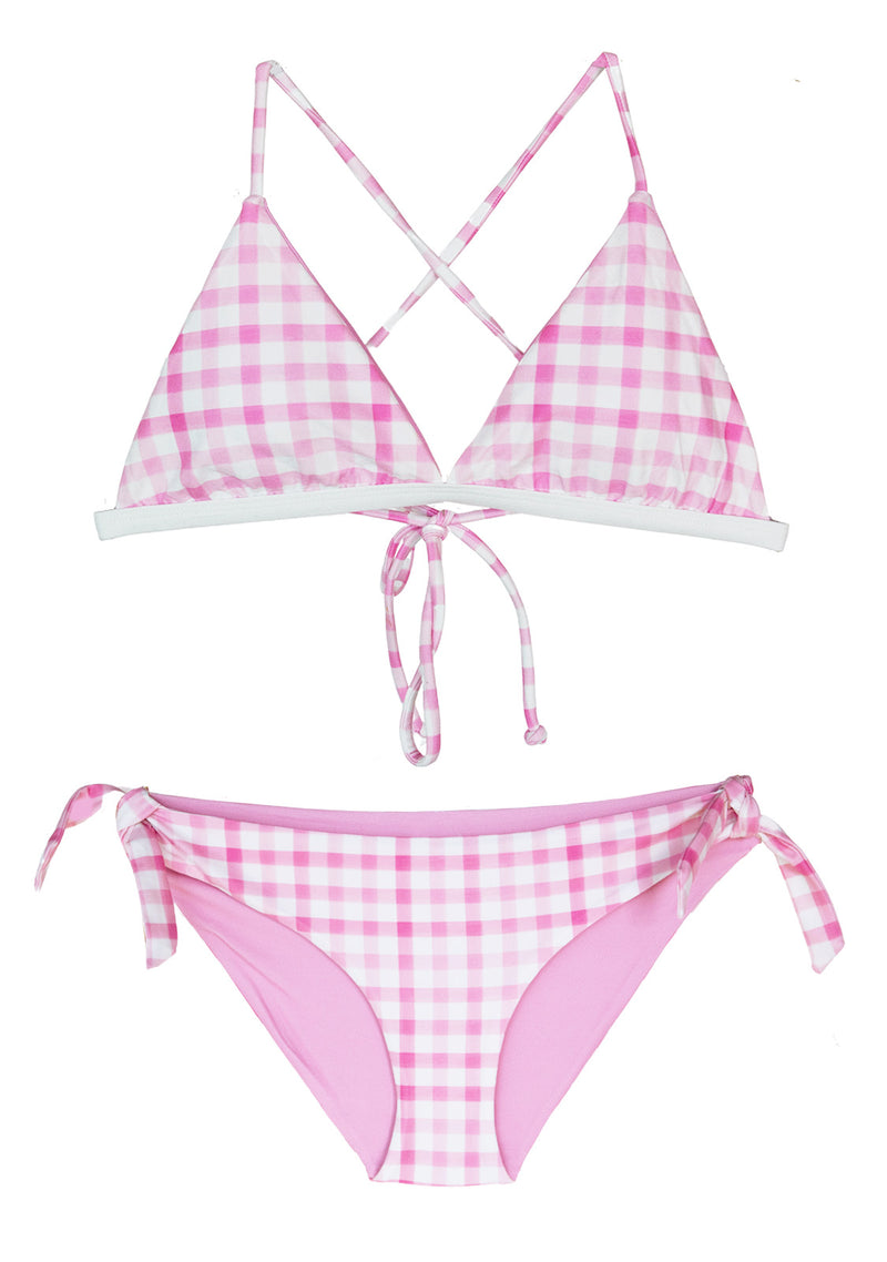 Girls 2-Piece Pink Swimsuit Pink Gingham Style Triangle Top + Full Bottoms