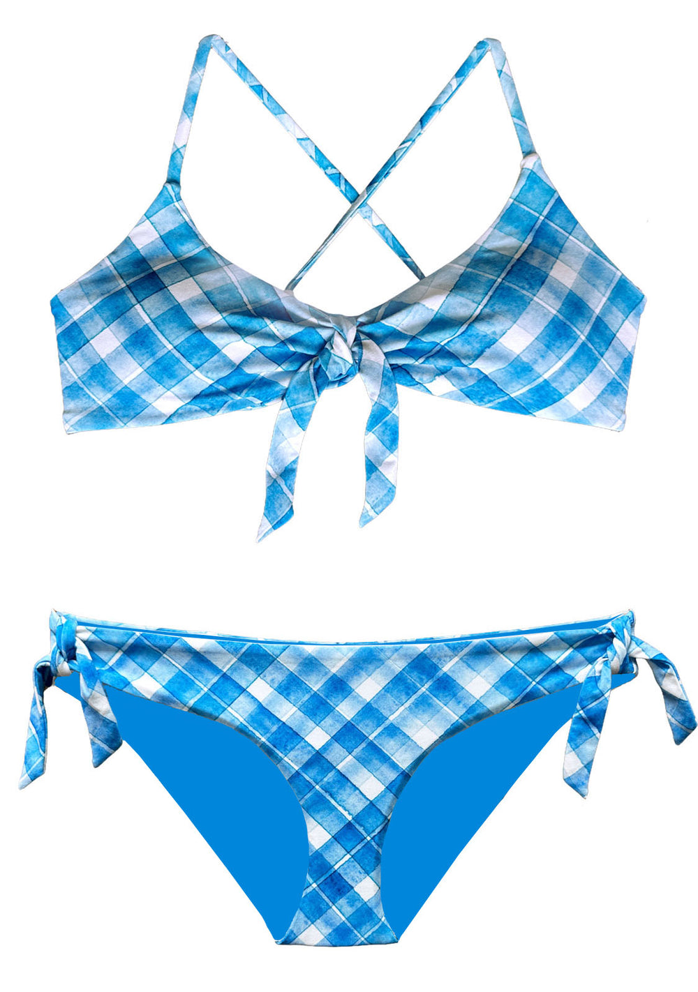 REVERSIBLE 2-Piece Girls Junior Bathing Suit | Cobalt Blue White Gingham