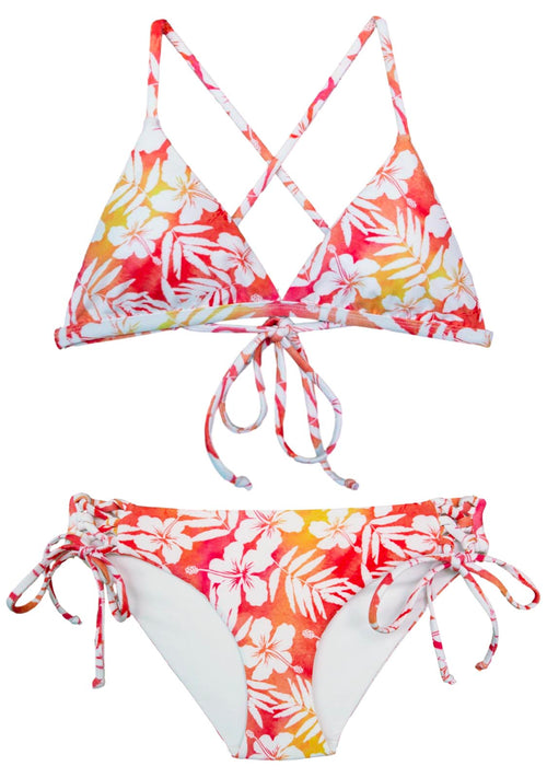 2-Piece Hawaiian Juniors-Bikini Reversible Yellow Orange White Floral