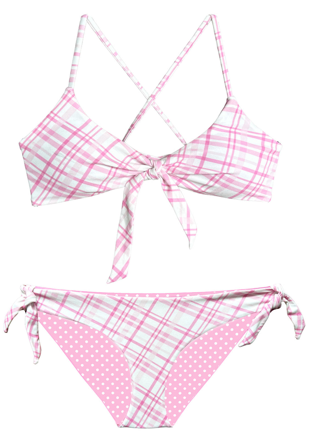 Pink White Plaid Checkered Reversible Polka Dot 2 Piece Girls Bikini