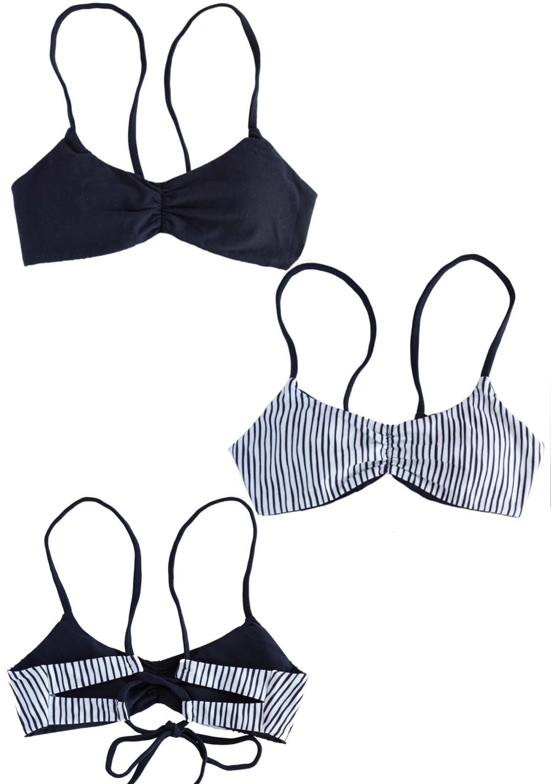 Striped Black & White REVERSIBLE Swimwear PADDED SCOOP TOP with Scrunch