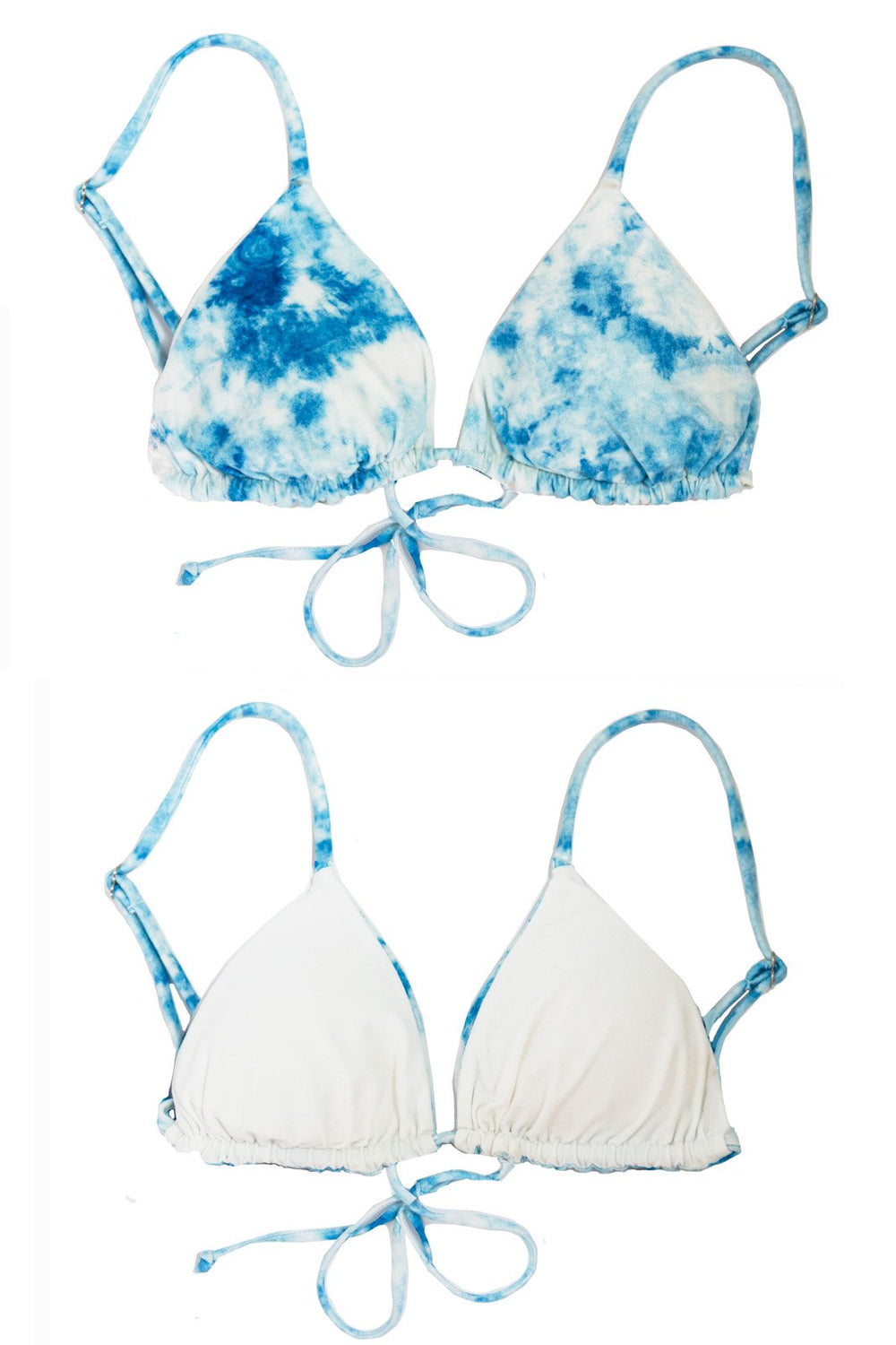 Blue White Tye Dye Reversible Padded Drawstring TRIANGLE Bikini TOP