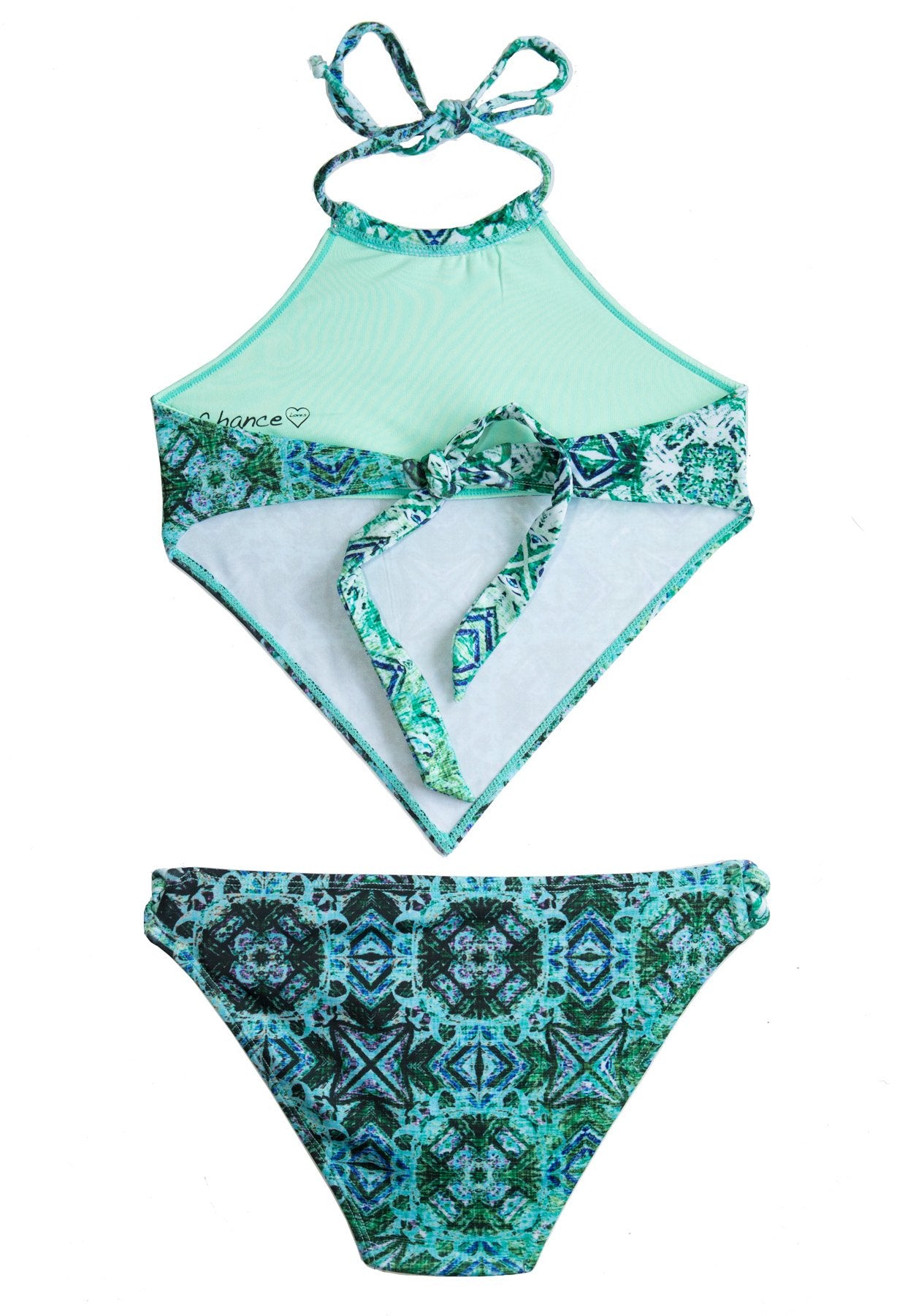 Girls 2-PIECE SWIMSUIT Bikini Green Halter Top & Full Coverage Bottoms ...