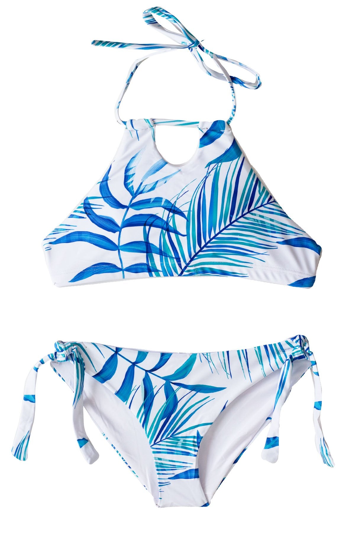 Girls 2-Piece Bathing Suit | Blue White | Padded | Halter + Full Bottoms