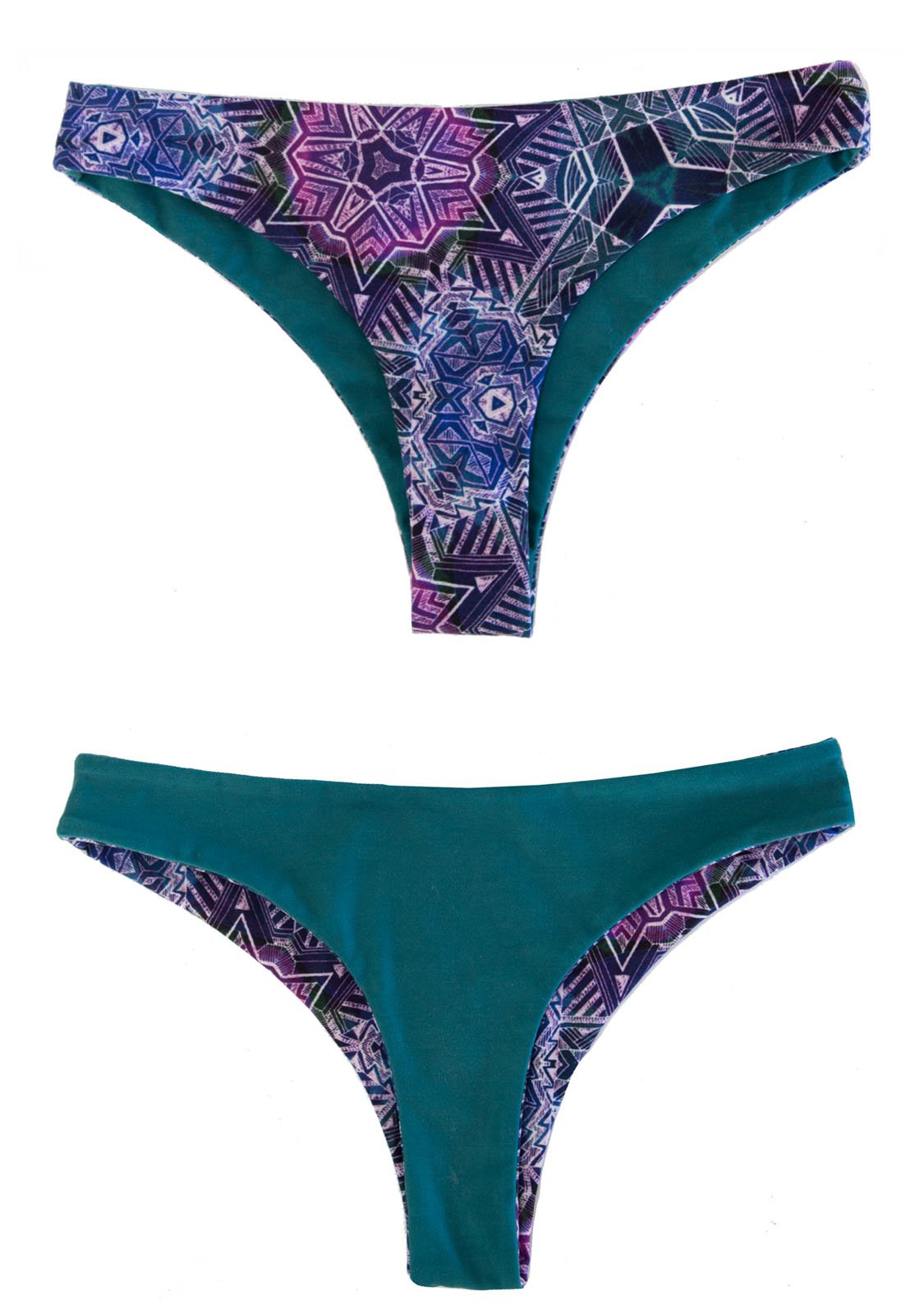 Purple Mandala Green Reversible CHEEKY BIKINI BOTTOMS with Ruched detail