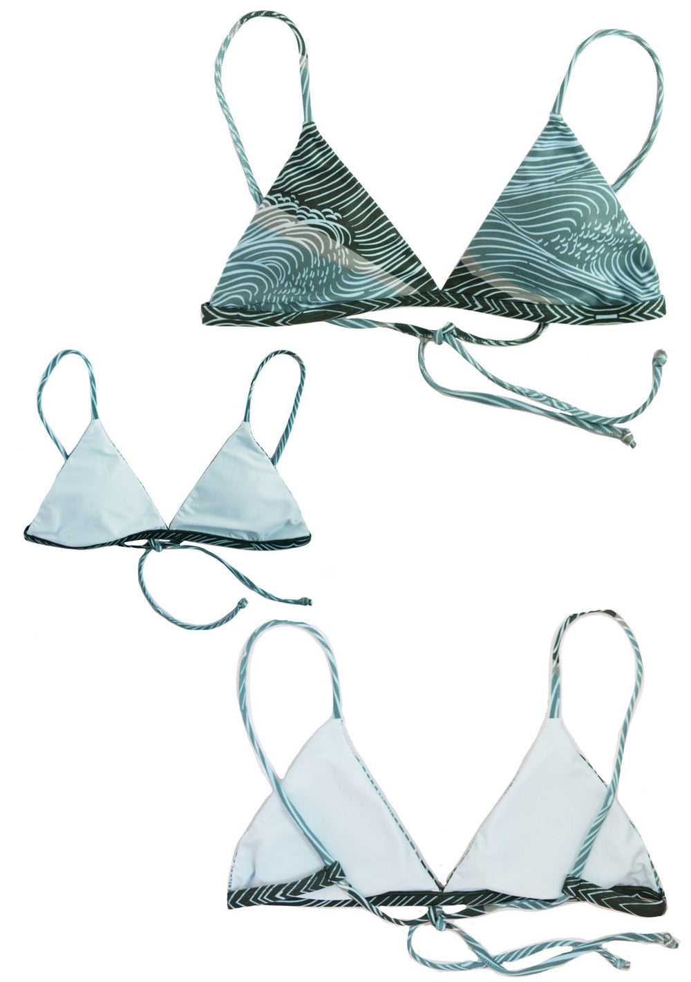 Blue Green Padded TRIANGLE BIKINI TOP Reversible & Sustainable